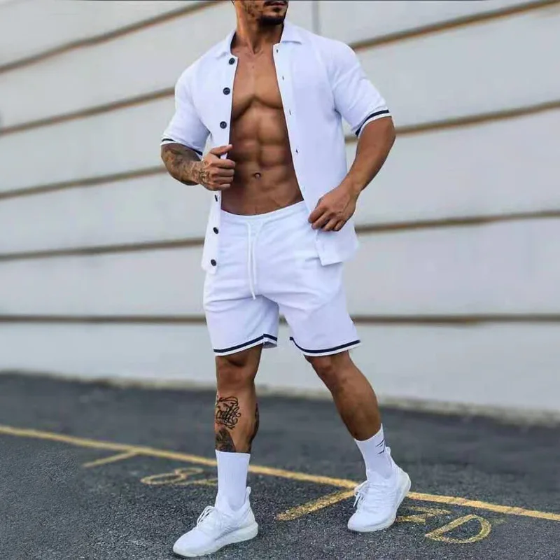 Men Outfit Set 2023 Men's Summer New Solid Color Lapel Buckle Short ...