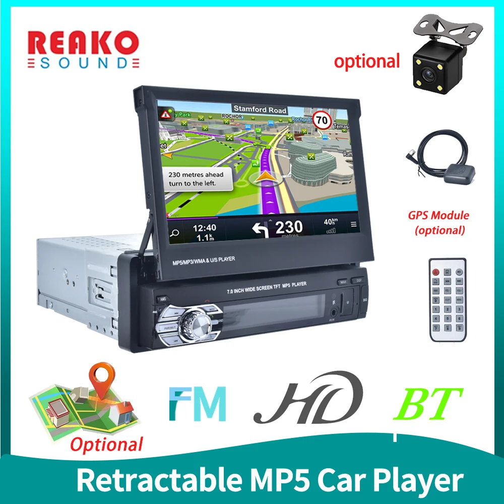 REAKOSOUND 1 Din Car Radio Stereo 7" Retractable Screen Multimedia Player BT Autoradio Mirror ...