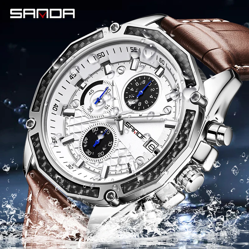SANDA 5301 Business Men's Quartz Watch Three Eye Six Needle Chronograph ...