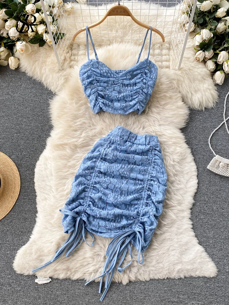 Singreiny Lace Drawstring Women Summer Set 2022 Ruched Zipper Elastic
