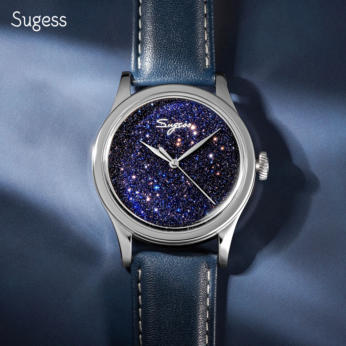 Sugess 38mm Automatic Mechanical Men Watch Blue GoldStone Dial Seagull ...