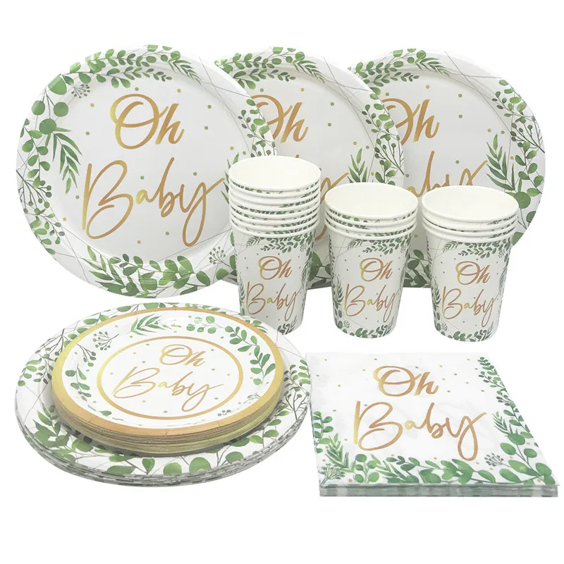 Green-Leaf-Oh-Baby-Paper-Plates-Cups-Napkins-Kids-Boy-Girl-Birthday ...