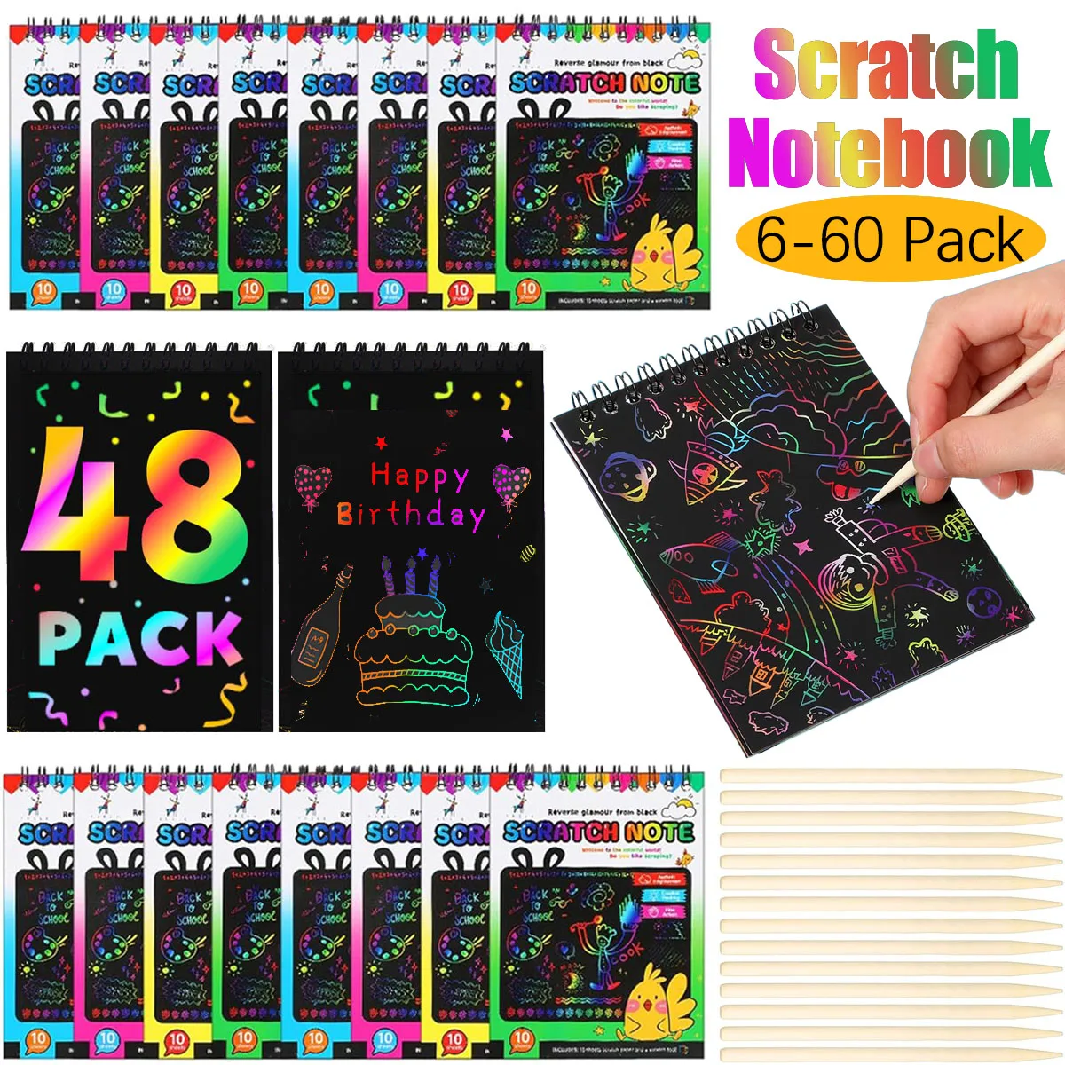 6-60-Pack-Rainbow-Art-Scratch-Notebook-Art-Scraping-Drawing-Toy-DIY ...