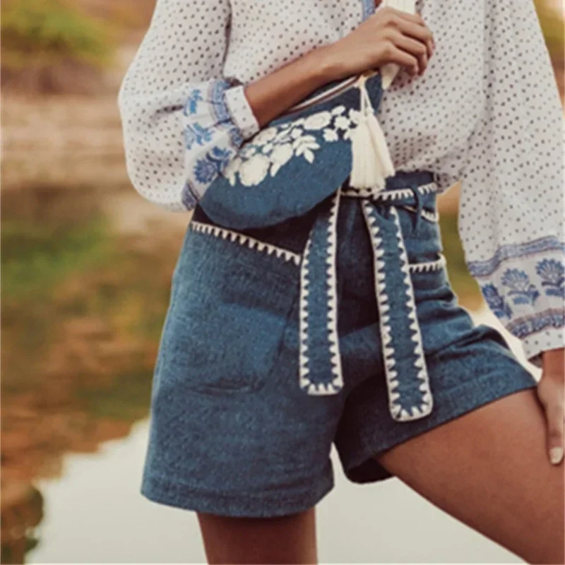 Ladies-Straight-Denim-Shorts-Crochet-Lace-Trim-Sashes-Pockets-Women ...