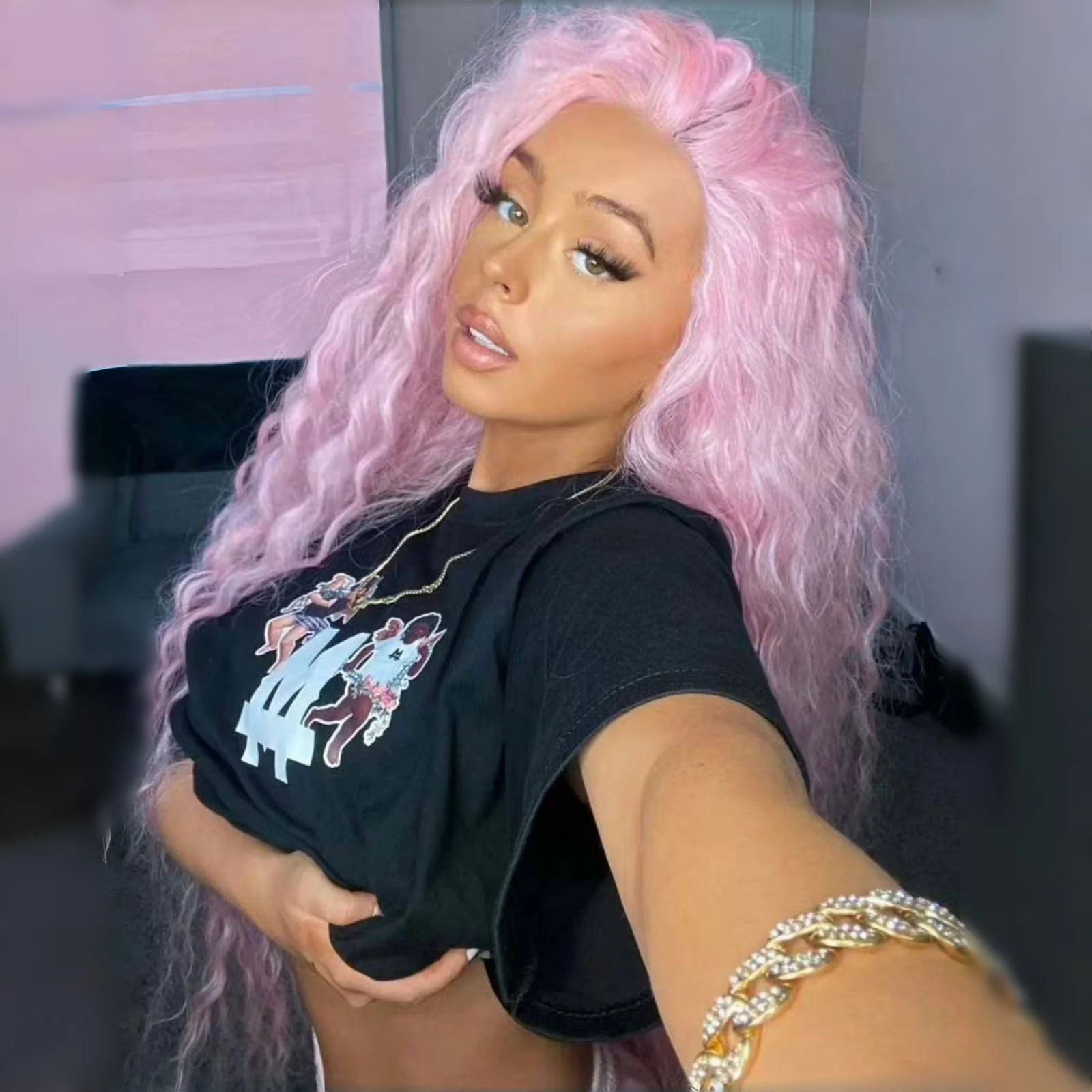Light-Pink-Wig-Deep-Curly-Synthetic-Lace-Front-Wig-Glueless-Frontal ...