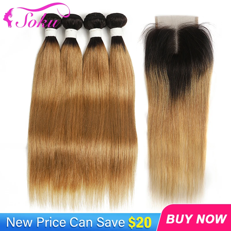T1B/27 Ombre Blonde Human Hair Bundles With Closure 4x4 SOKU 3/4PCS ...