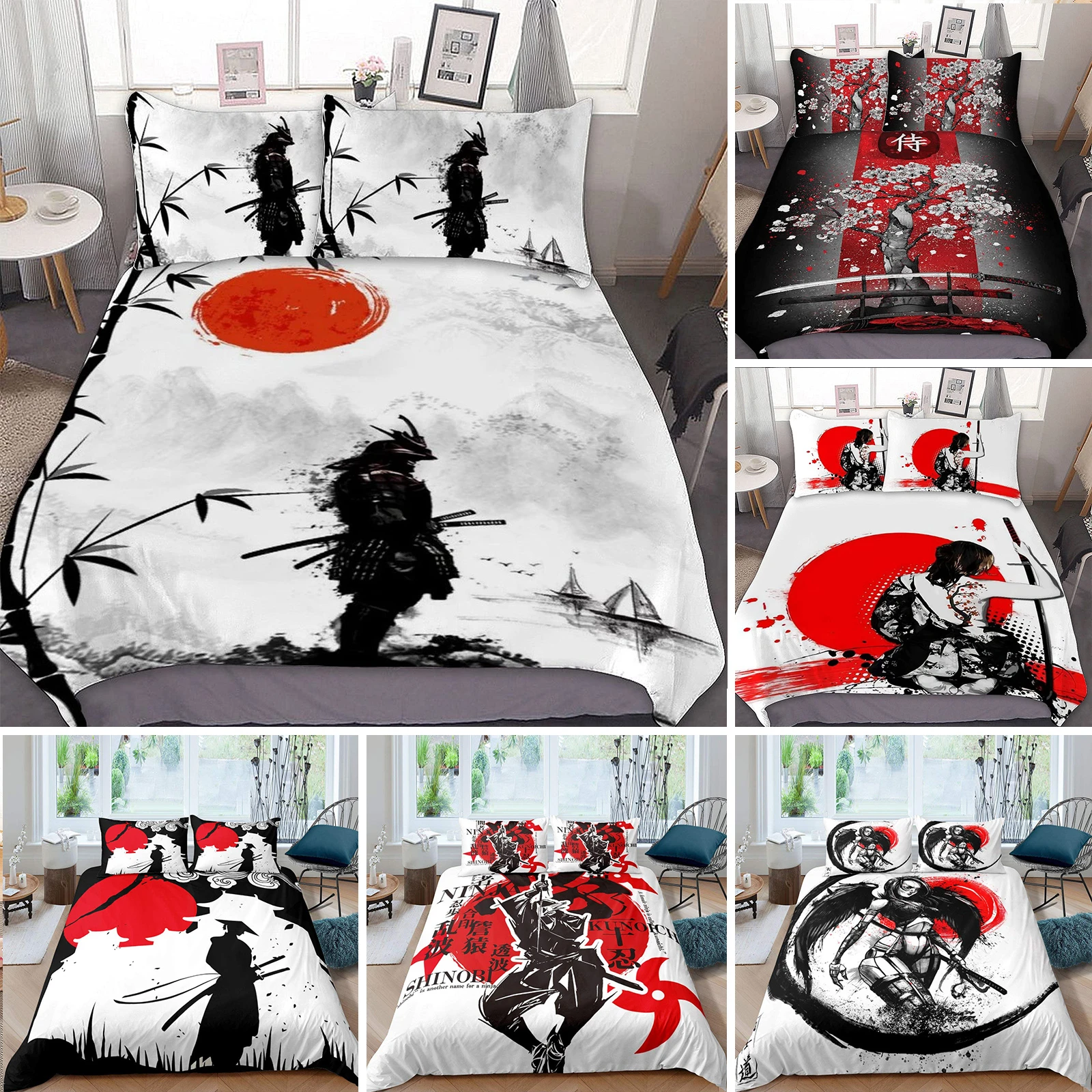 Japanese Samurai Bedding Set King/Queen/Full Size Japan Sunset Scenery ...