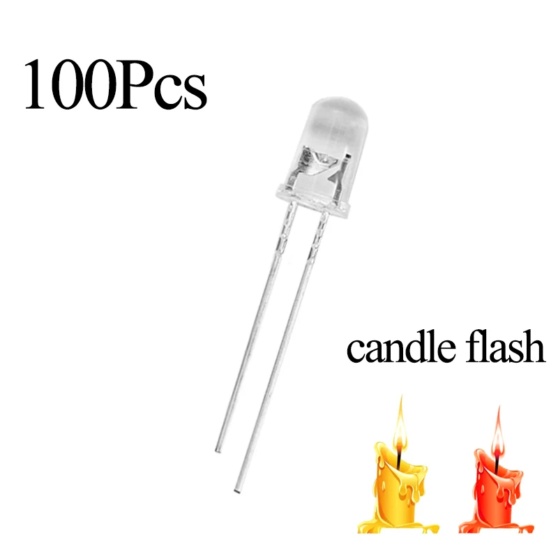 100pcs 3V 5mm Candle Led Flicker Red Yellow Warm White Light Flickering ...