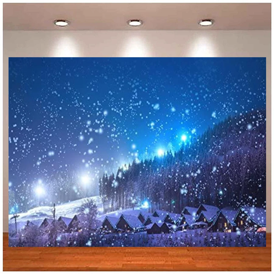 Photography Backdrop Christmas Rustic Village Night View Forest Trees ...