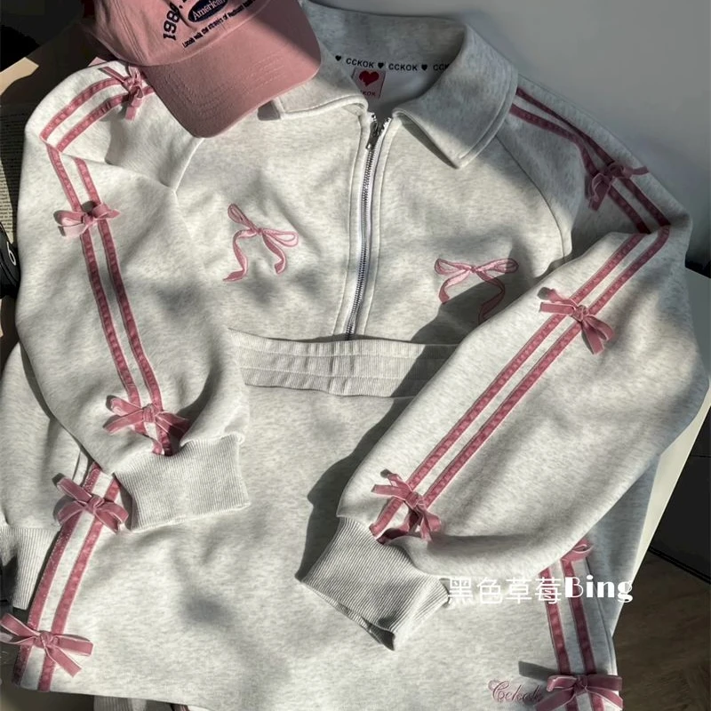 Y2k-Bow-Embroidered-Zip-Up-Hoodies-and-Mini-Skirt-Sets-Women-Korean ...