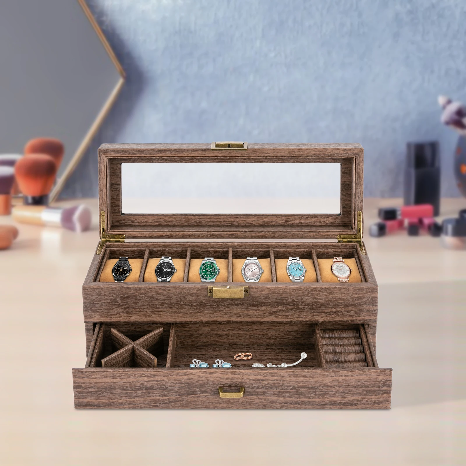 6-slot Watch Box Vintage Storage Dispaly Box W/Storage Drawer for Watch ...