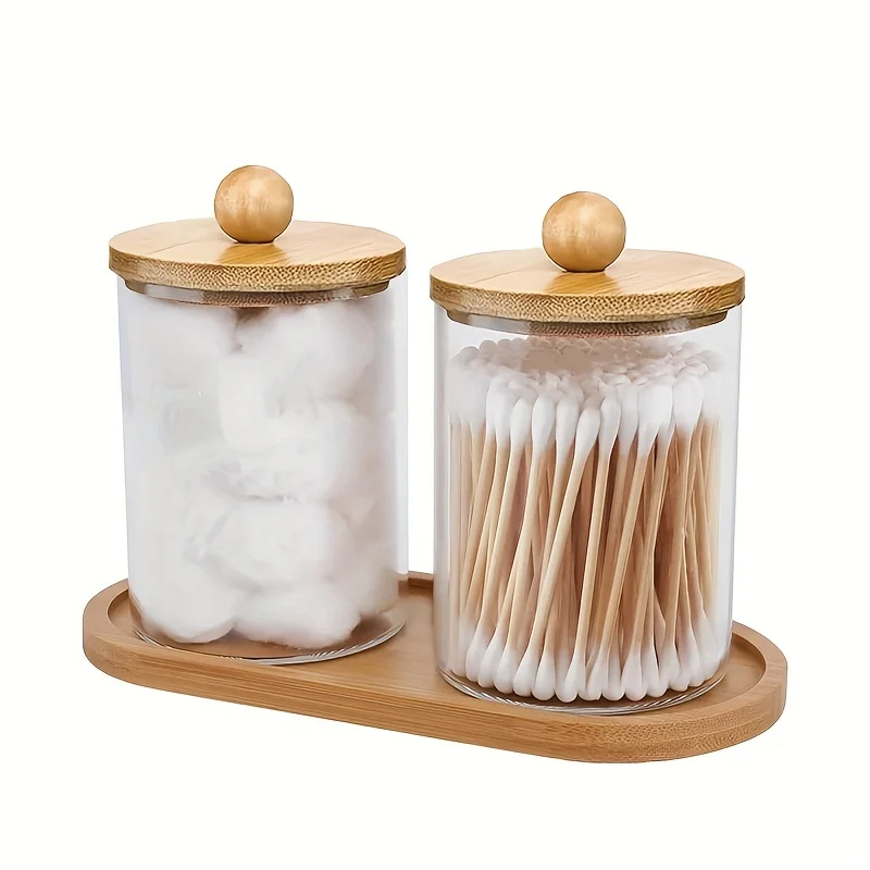 2-PCS-Qtip-Holder-Dispenser-with-Bamboo-Lids-Tray-10-Oz-Cotton-Swab ...