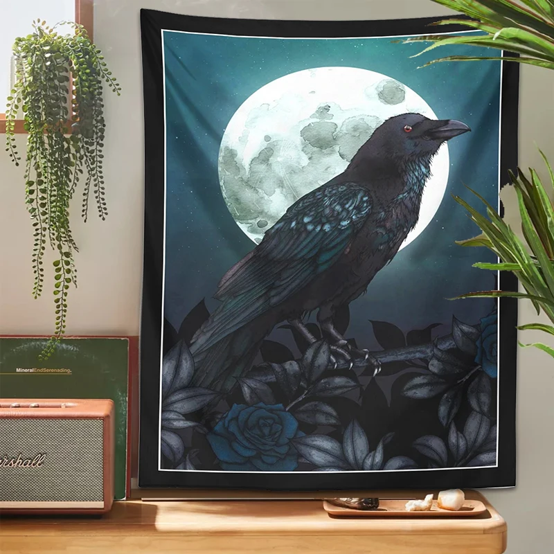 Raven-and-Full-Moon-Art-Tapestry-Wall-Hanging-Gothic-Home-Decor-Dark ...