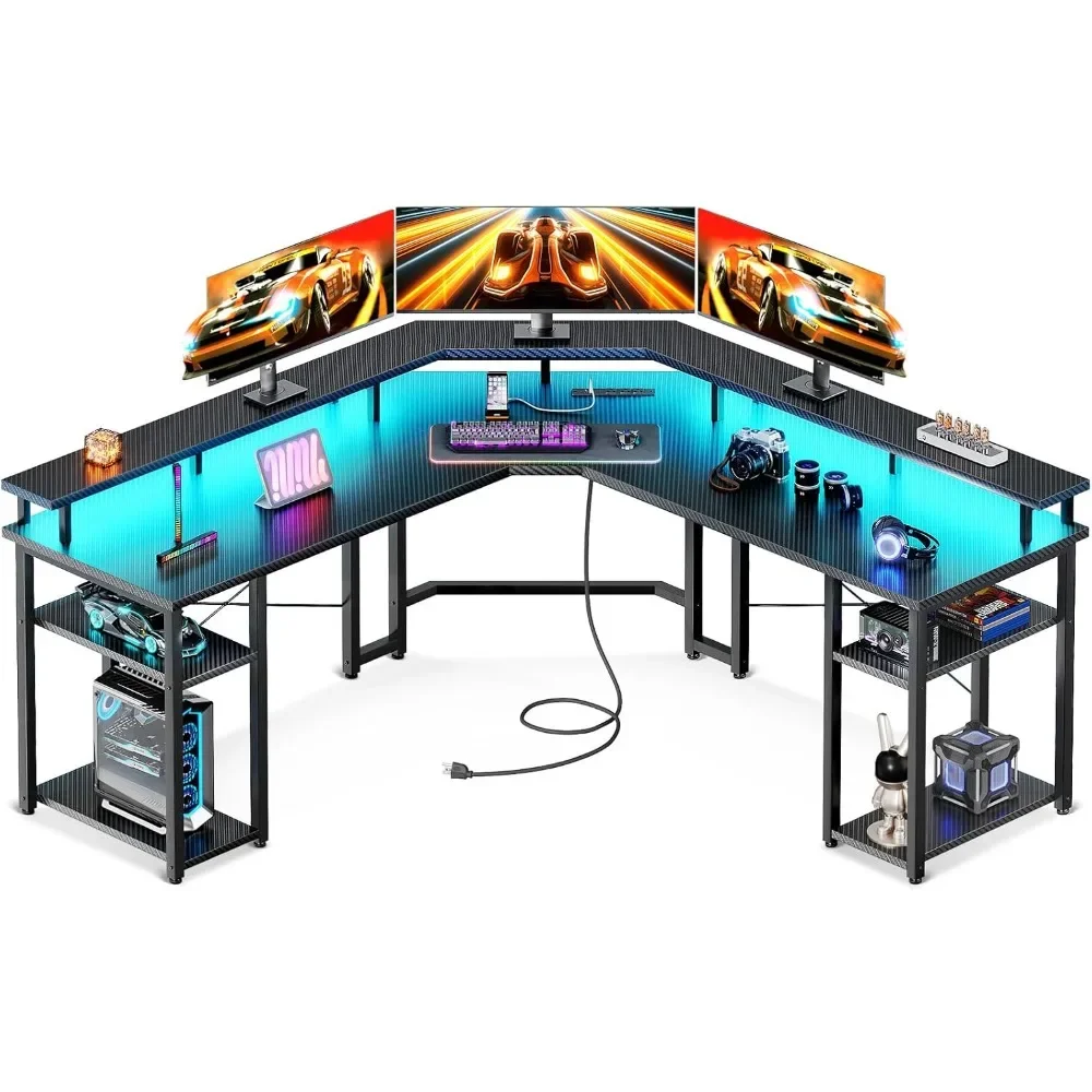 L-Shaped-Gaming-Desk-with-LED-Lights-Power-Outlets-Reversible-Computer ...