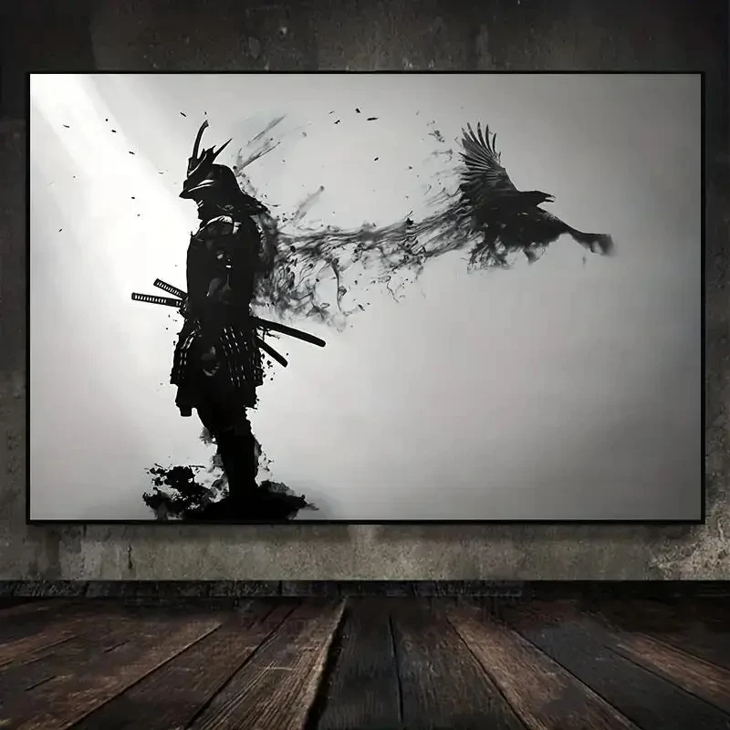 Black-and-White-Japanese-Black-Samurai-Man-with-Crow-Posters-and-Print ...