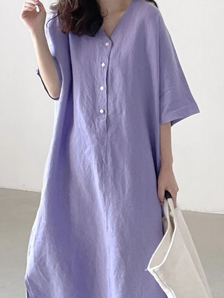 Vestido de lino y algodón con manga corta para mujer, traje Midi largo de gran tamaño con ...