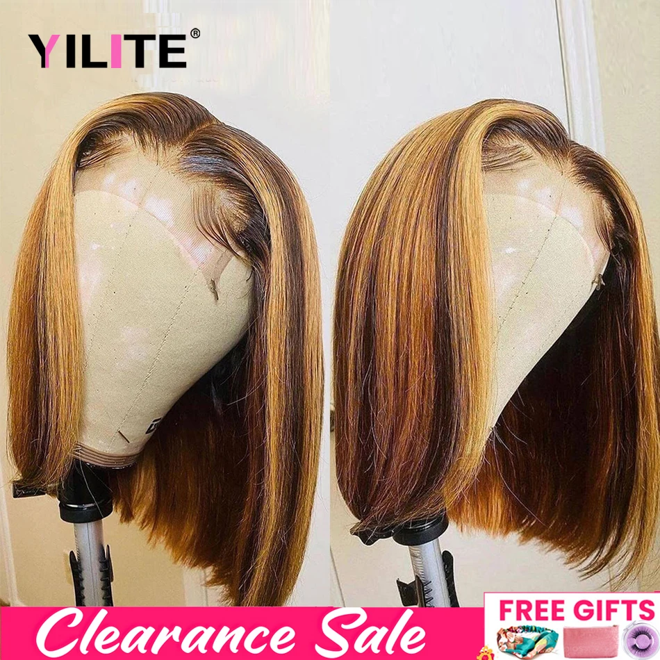 Straight Short Bob Wig Highlighted Transparent Lace Frontal Human Hair ...