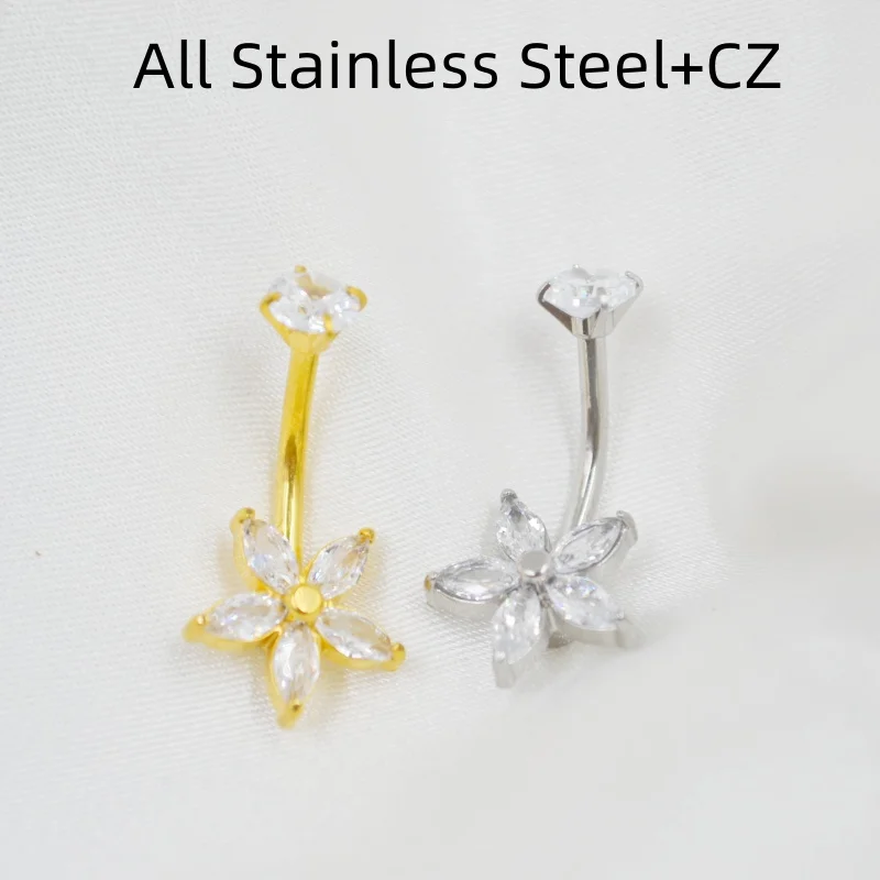 10PCS-Surgical-Steel-CZ-Flower-Navel-Belly-Button-Bar-Internally ...