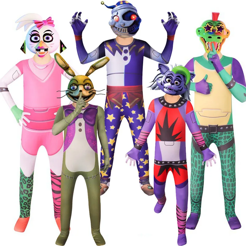아이들을위한 할로윈 의상 Anime Sundrop FNAF Sun clown Cosplay 의류 소년 소녀의 바디 슈트와 마스크 ...