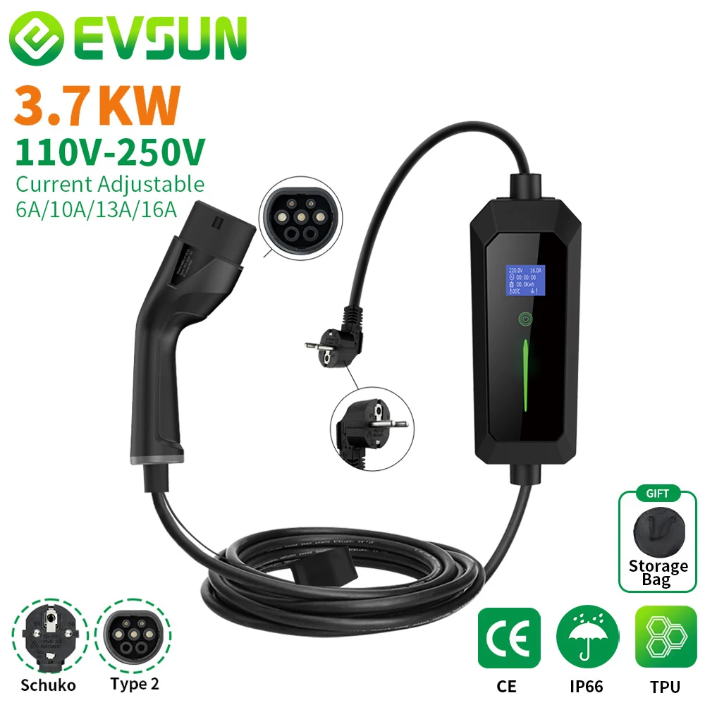 EVSUN Portable EV Charger Type2 IEC62196 2 16A EVSE Charging Cable EU ...