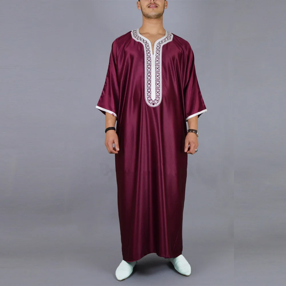 Muslim Men Jubba Thobe Short Sleeve Solid Color Embroidery Breathable ...