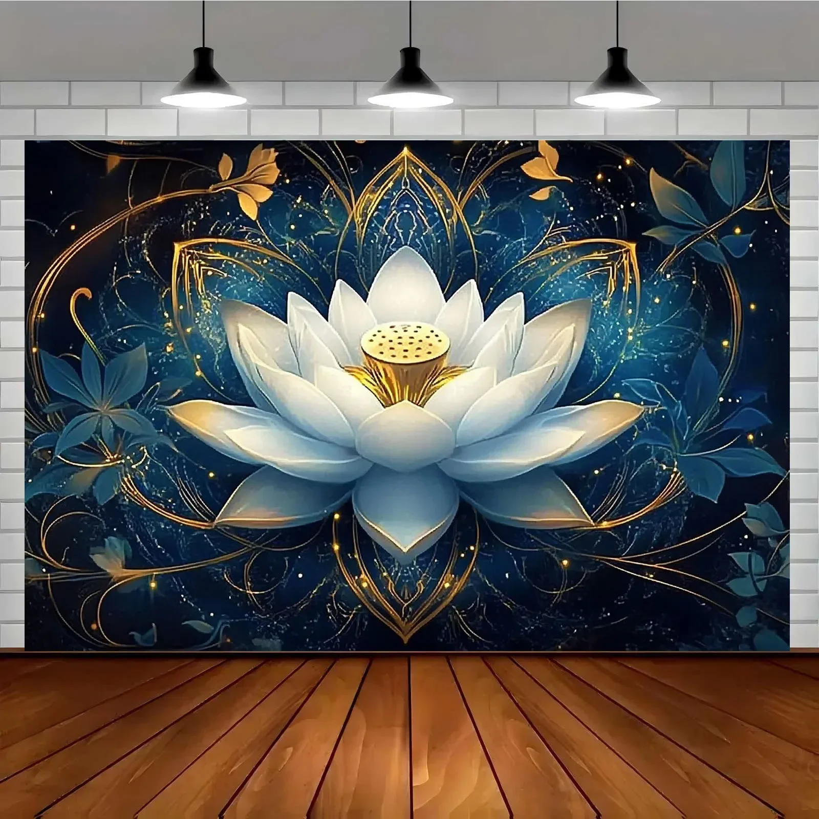 1pc Elegant Polyester Lotus Flower Wall Hanging - Golden & Blue Lotus ...