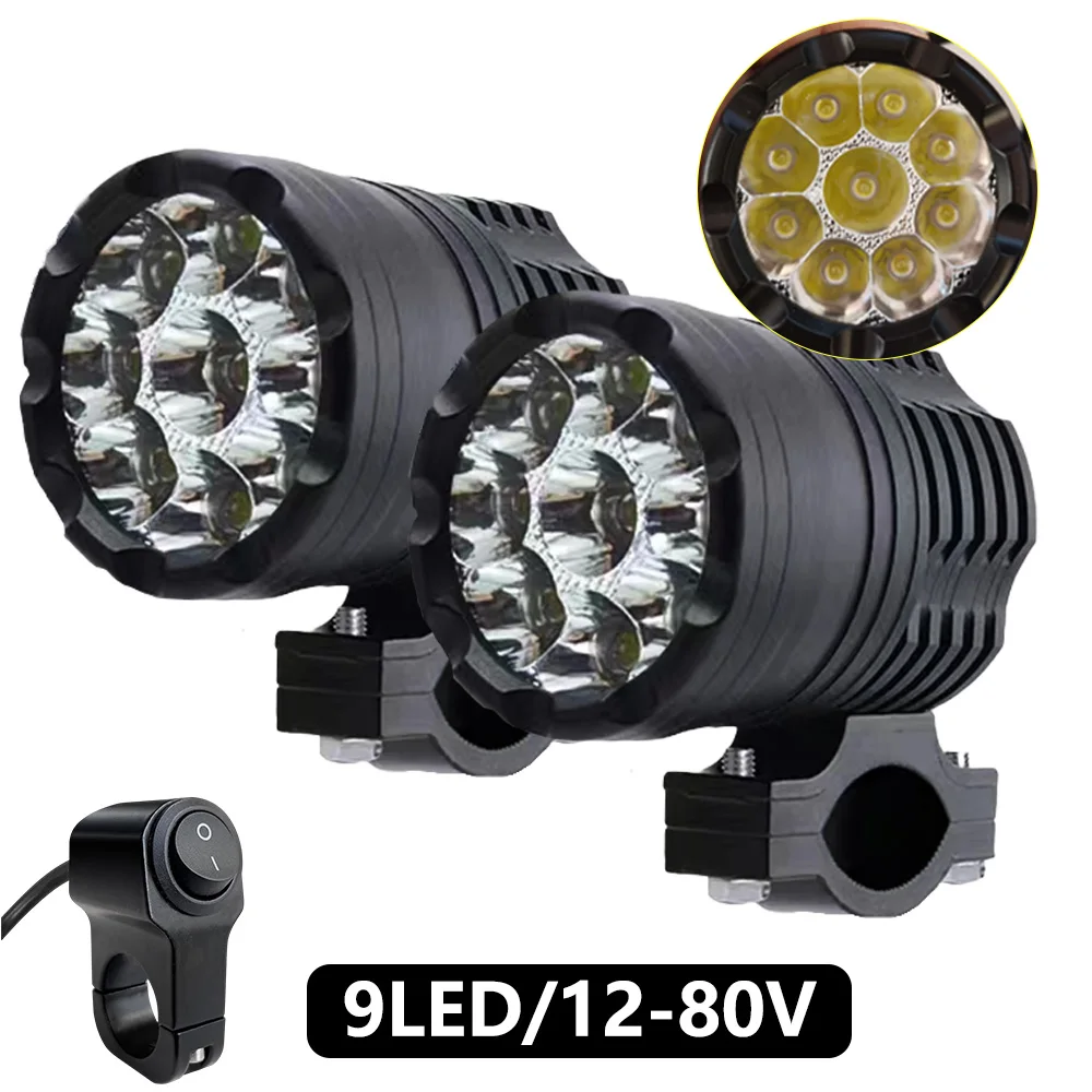 9 LED Auxiliary Headlights For Motorcycle Lights 12-80V High/Low/Strobe ...
