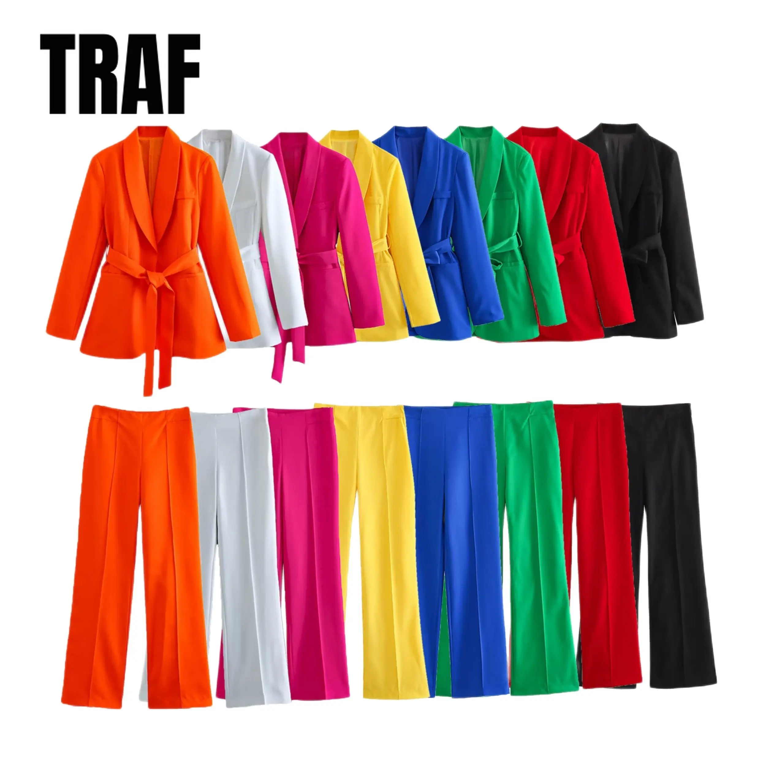 TRAF Roupas Femininas 2pcs 2023 Primavera Neon Manga Longa com Cinto ...