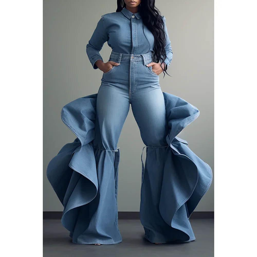 Plus-Size-Daily-Jeans-New-Blue-Denim-Ruffled-Flared-Women-s-Spring-and ...