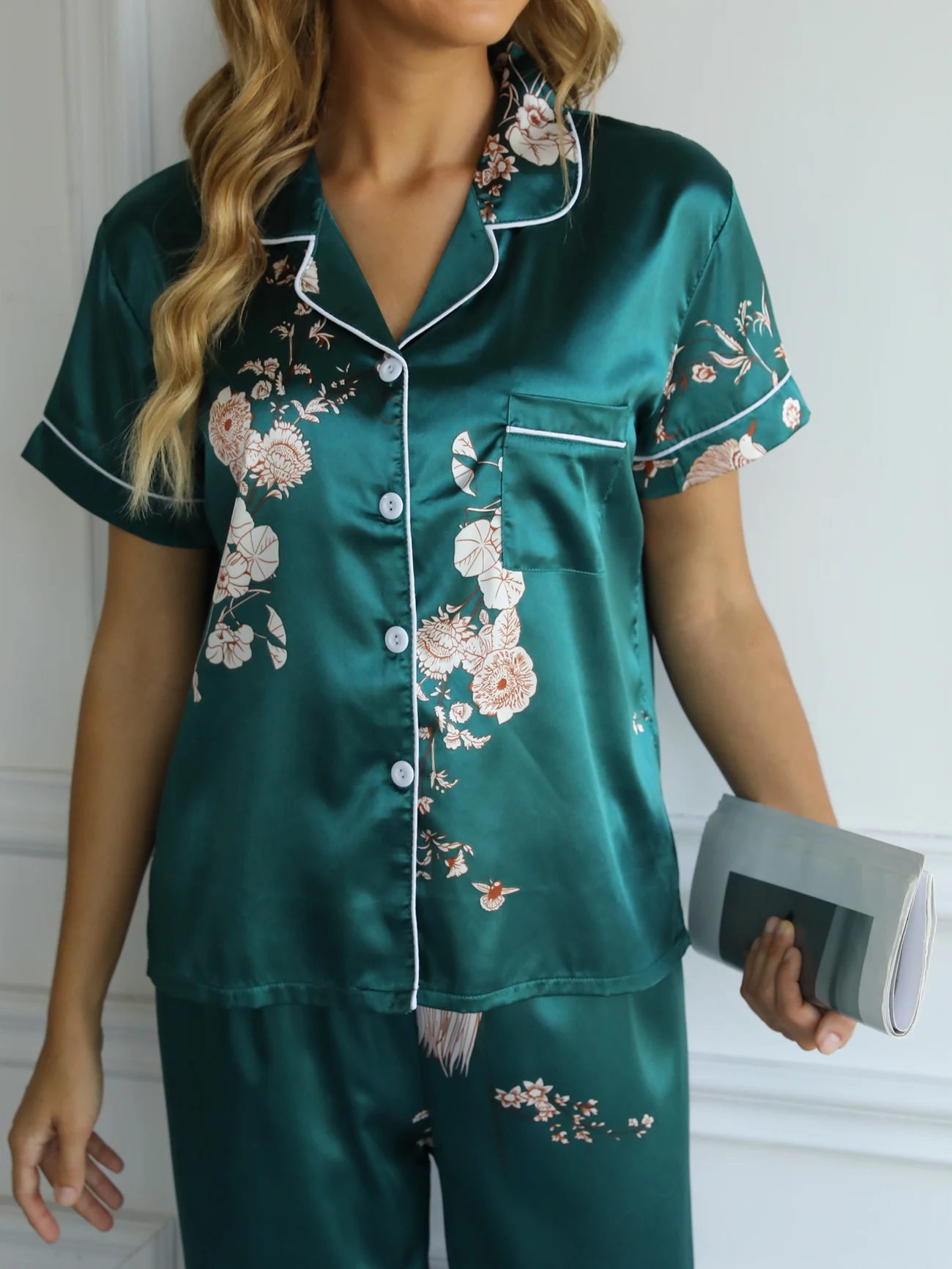 Green Floral Print Satin Pajama Set Smooth & Comfort Short Sleeve ...