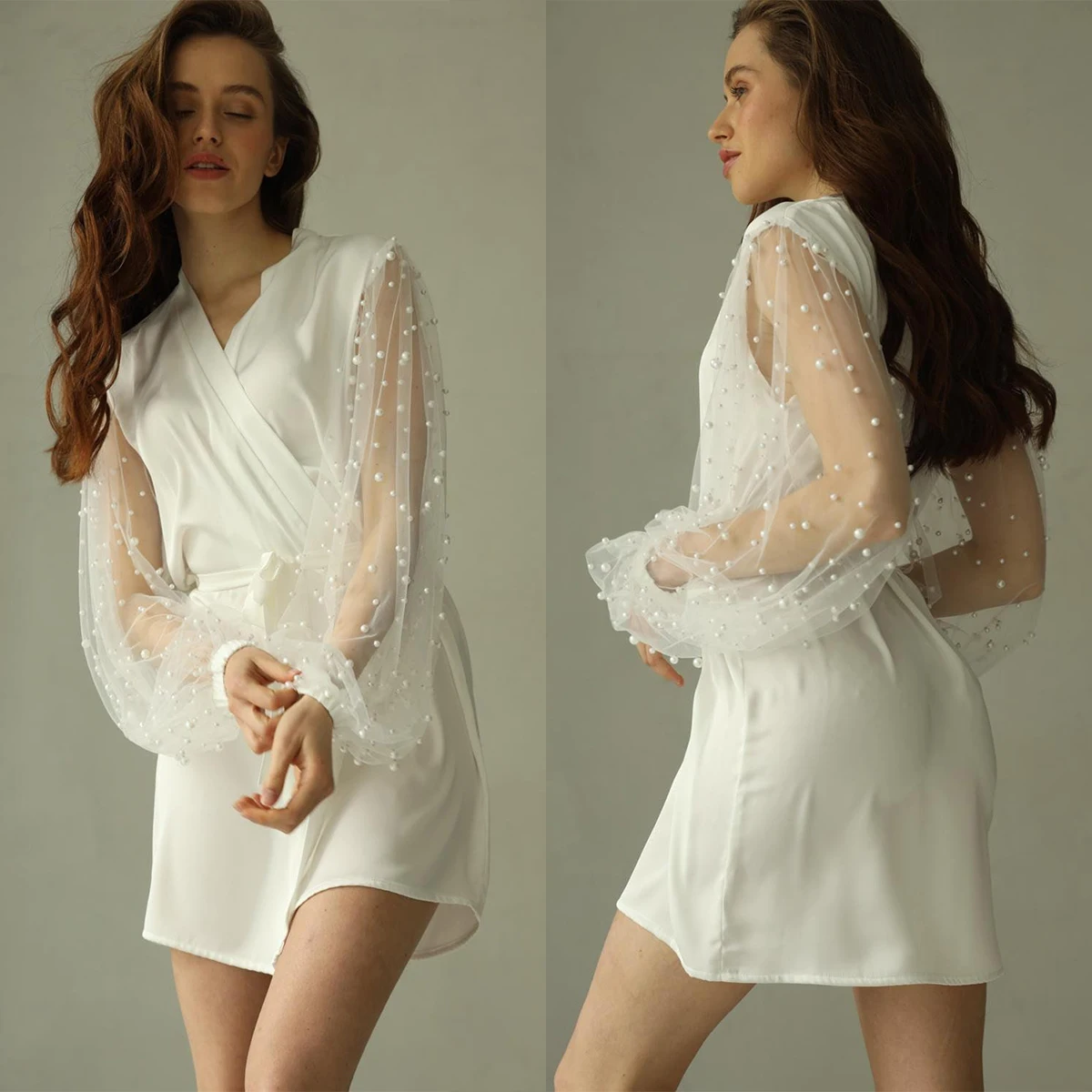 Pearl-Wedding-Robes-For-Brides-Tulle-Bishop-Sleeves-Short-Women-Gown ...