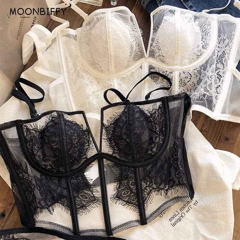 French Sexy Fishbone Vest Bra Set Rabbit Ears Eyelash Lace Perspective ...