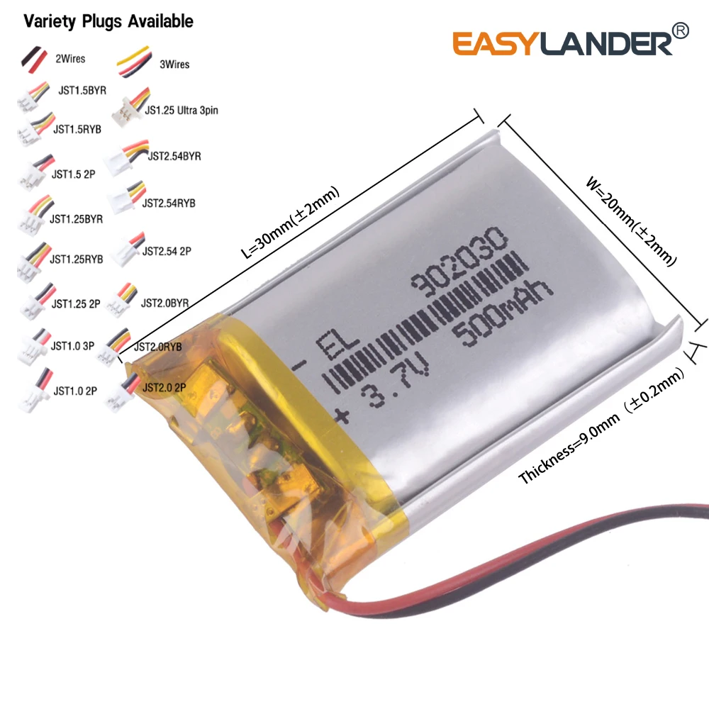 3.7V 500mAh 902030 JST2.0 2P JST1.25 2P Rechargeable Lipo Lithium li ...