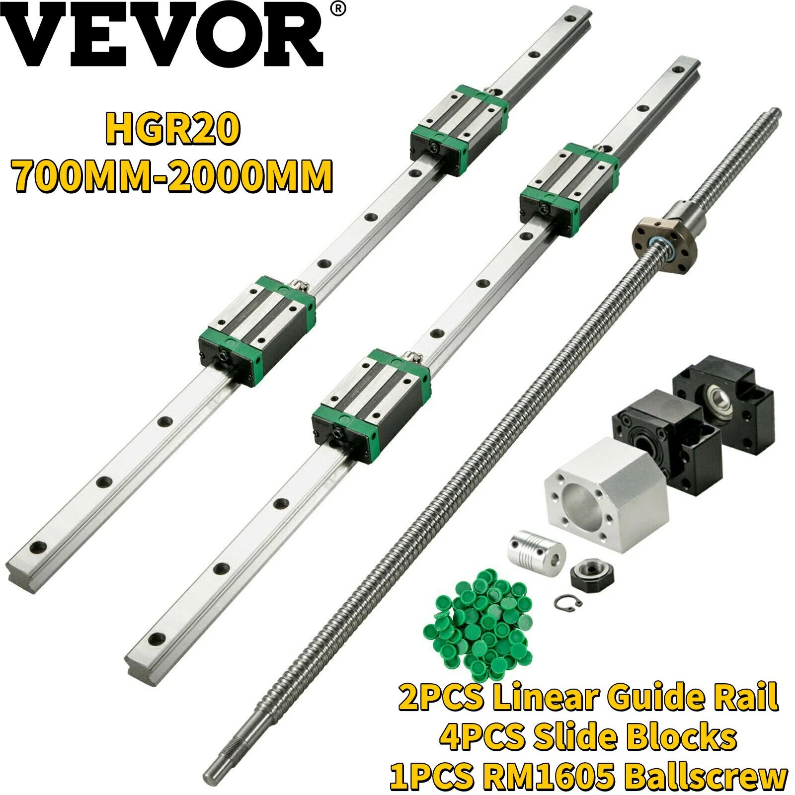 VEVOR HGR20 2PCS Linear Guide Rails 700 2000MM 4PCS Slide Blocks RM1605 Ballscrew W/ Ball Nut ...