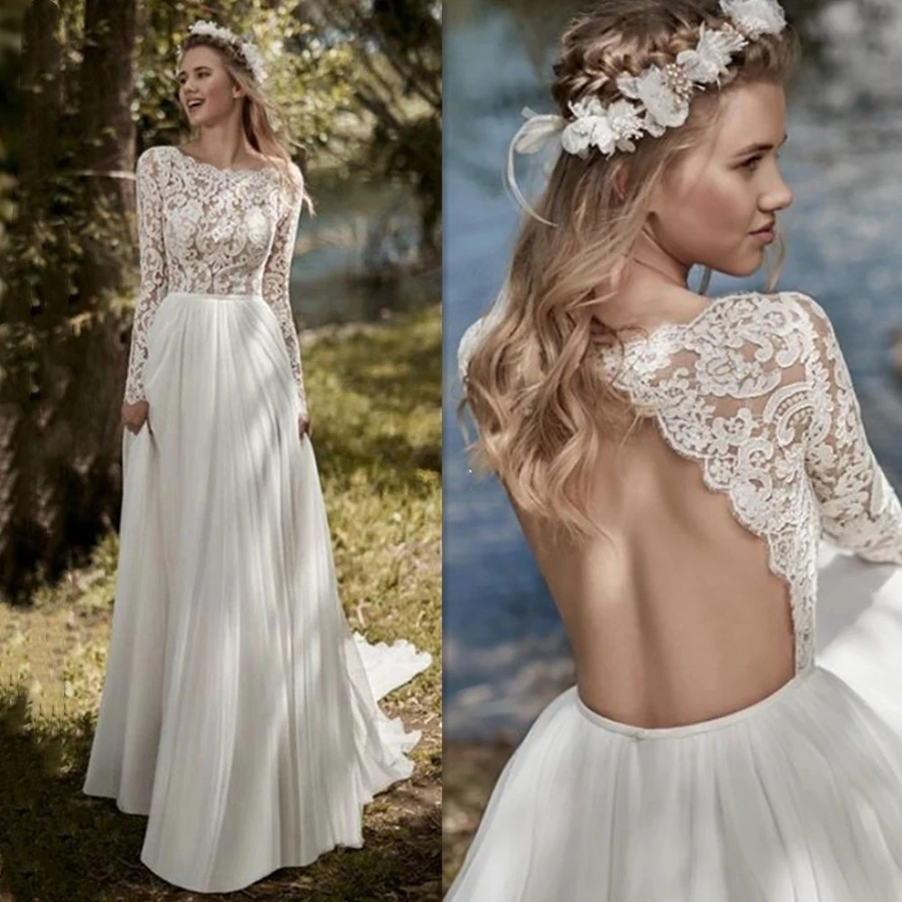 Lace Chiffon Boho Wedding Dresses Long Sleeves 2023 Open Back Robe de ...