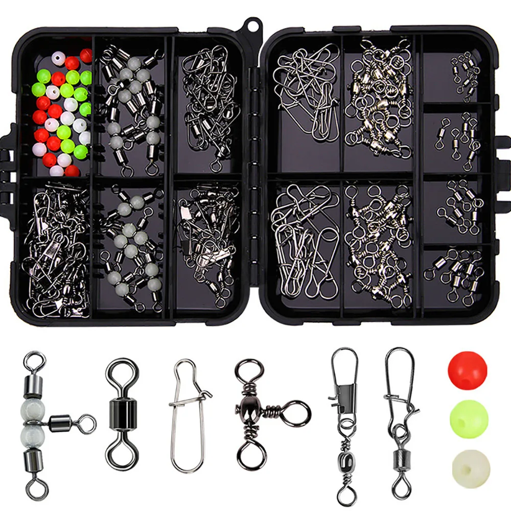 140Pcs Fishing Swivels Kit Accessories Tackle Box Set Rolling Barrel Swivel Snap 3 Way Swivel ...
