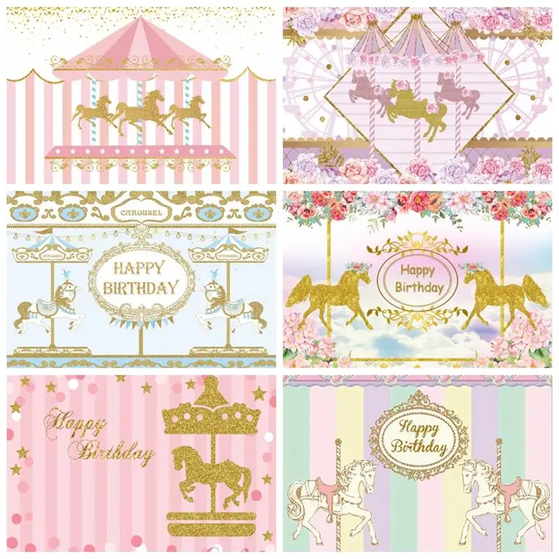 Laeacco Birthday Photo Backdrop Unicorn Carousel Flowers Kids Newborn ...
