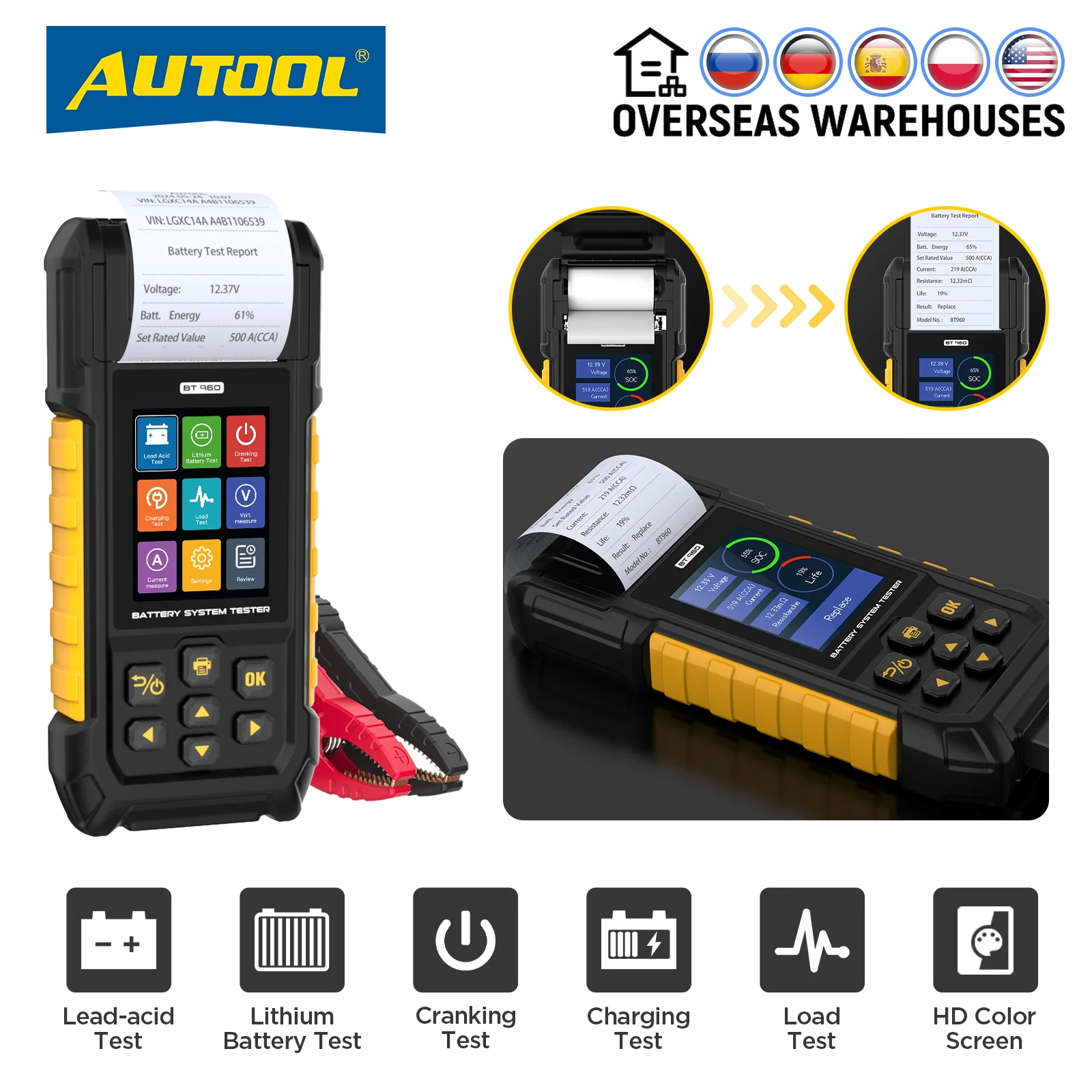 AUTOOL BT960 Car Battery Tester Charge Test V/A Monitor 80V Leakage ...