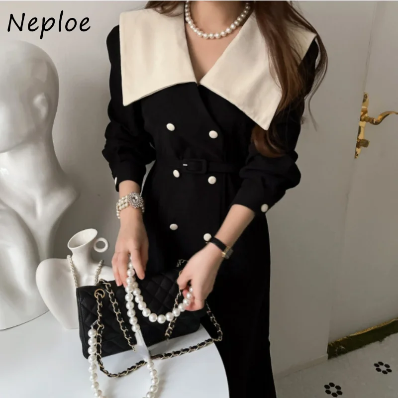Neploe-Turn-Down-Collar-Contrast-Color-Patchwork-Robe-Femme-Vestidos-De ...