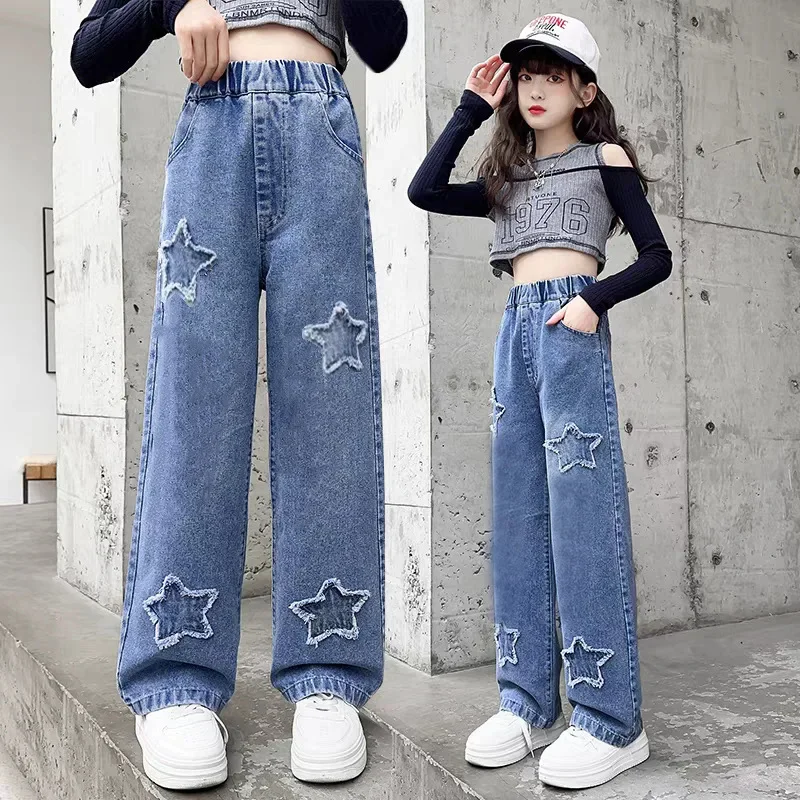 Girls Jeans 2024 Spring New Paste Cloth Five-pointed Star Wide Leg ...