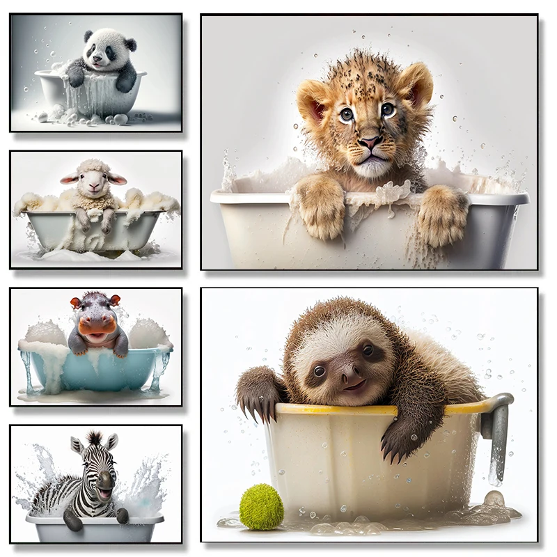 Cute-Animals-Baby-in-Bathtub-Posters-Elephant-Panda-Duck-Prints-Canvas ...
