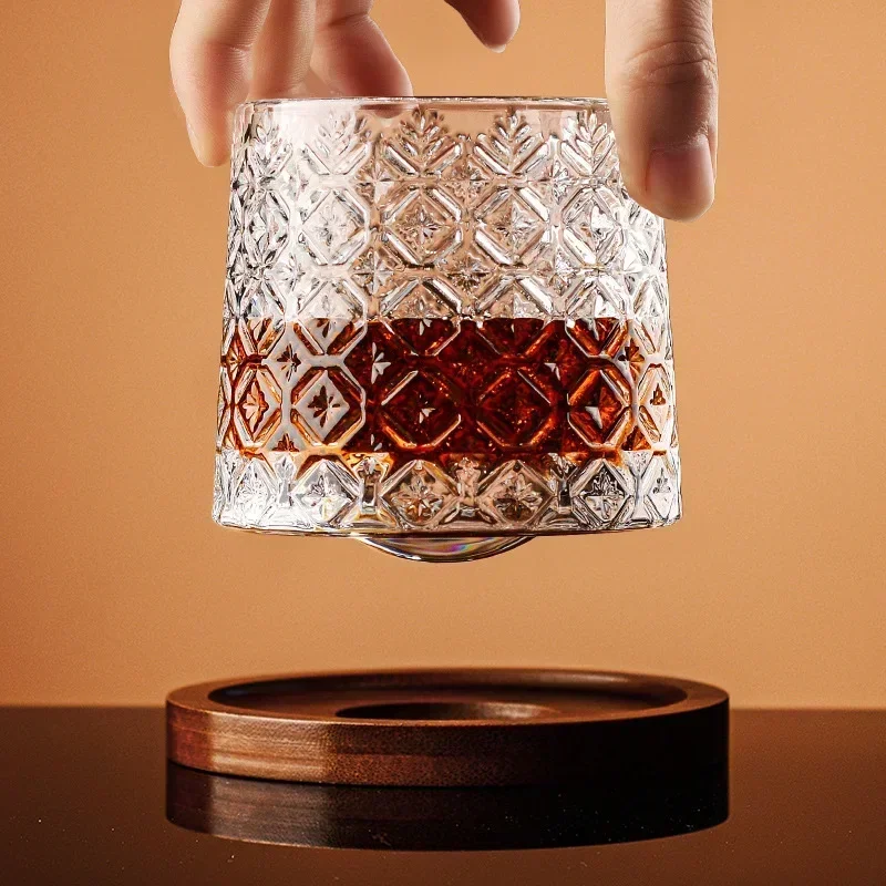 Retro-Rotating-Whisky-Glass-Cup-with-Bamboo-Coaster-Spinning-Top-Stress ...