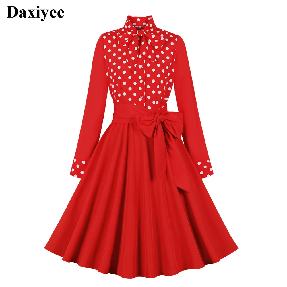 Polka Dot Print Women Vintage Dress Long Sleeve Bow Tie Pin Up