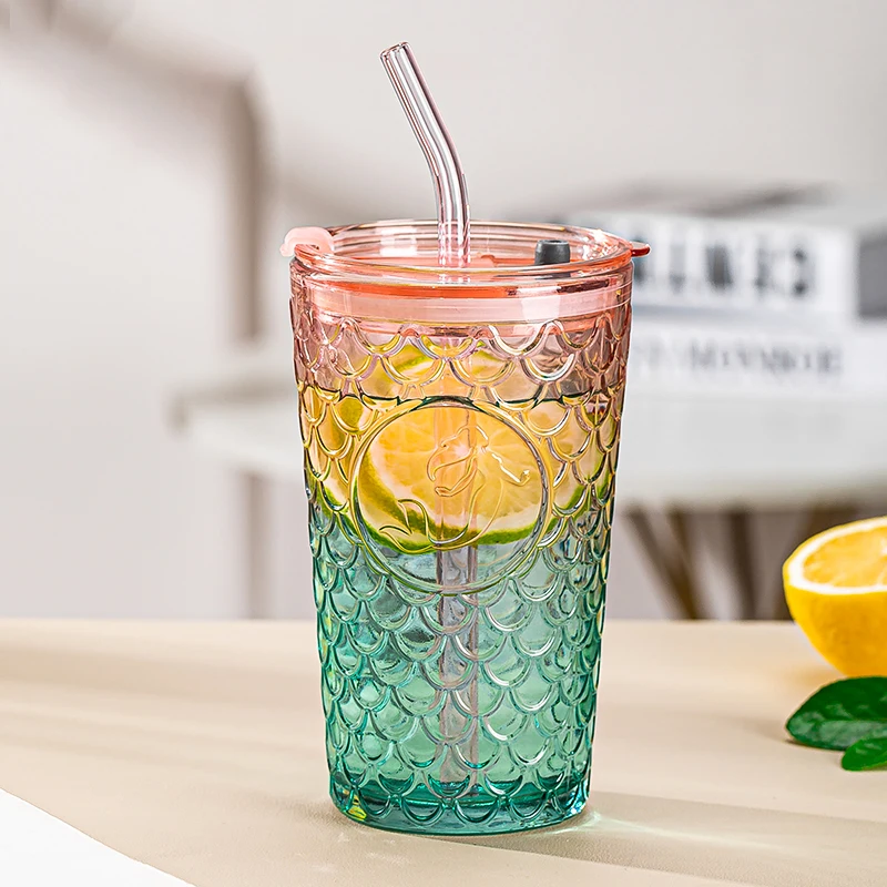 High-value-Gradient-Glass-Straw-Cup-With-Sealing-Lid-Double-Mouth ...