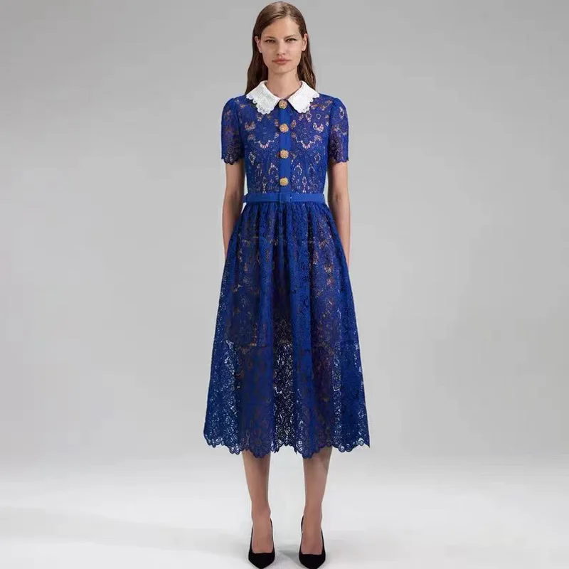 High Quality Luxury Blue Lace Dress Runway Fashion Women Summer Turn ...