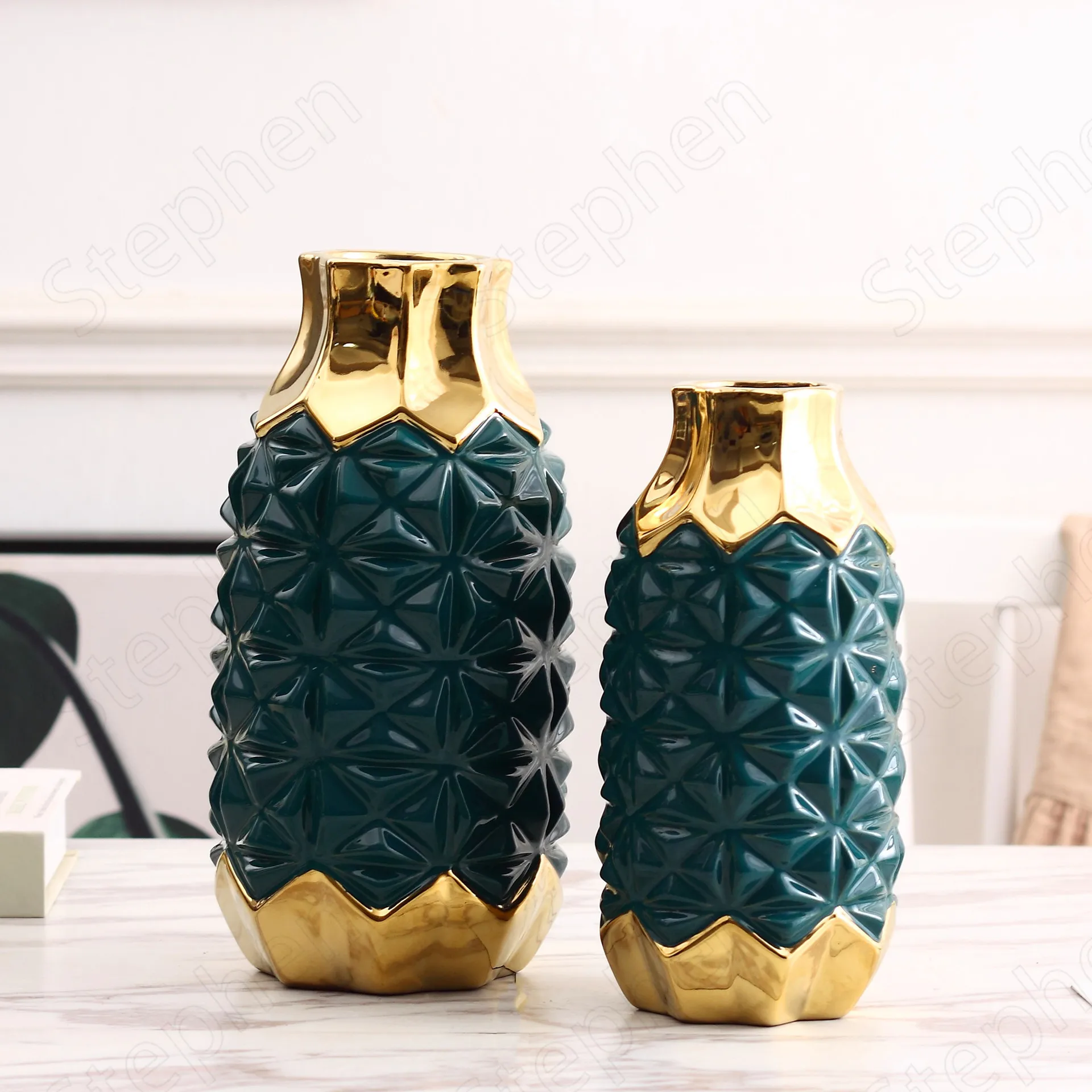 Golden Relief Craft Ceramic Vase Nordic Modern Blue Green Flower Vase ...