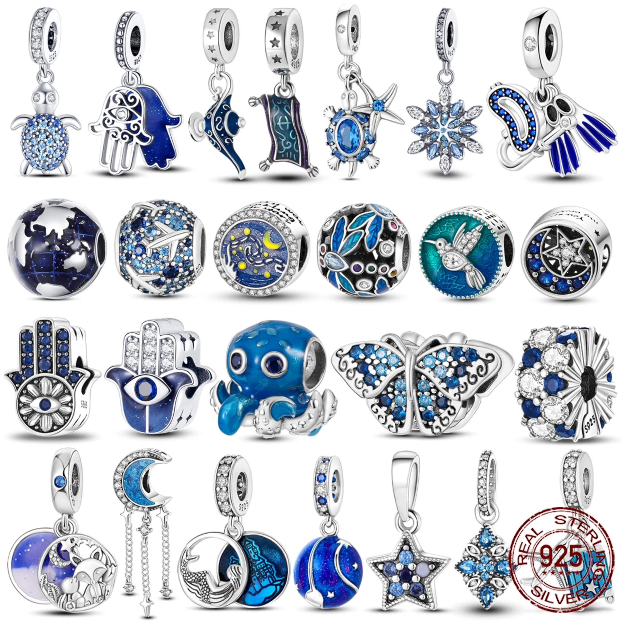 Dijes-de-Plata-de-Ley-925-Serie-de-Color-azul-cuentas-avi-n-palma-ojos ...