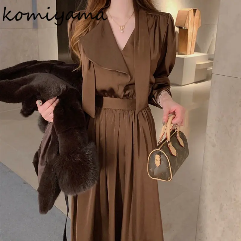 Komiyama-Solid-V-Neck-Ribbon-Dress-Long-Sleeve-Vestidos-Spring-Elegant ...