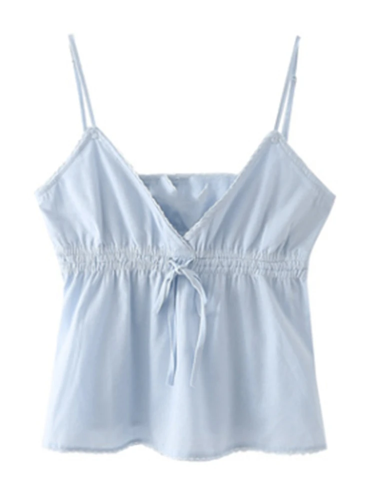 Casual Women Blue V Neck Lace Drawstring Slim Camisole 2022 Summer ...