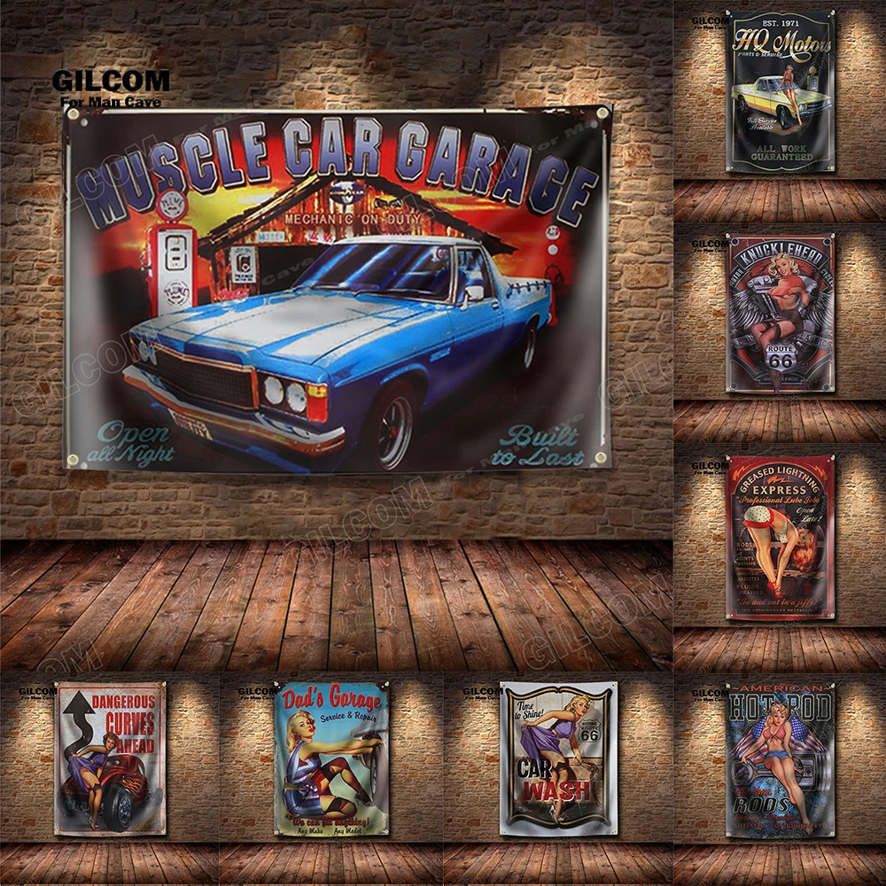 Garage-Retro-Banner-Flag-Hot-Rod-Decoration-High-Heels-Poster-Wall-Art ...